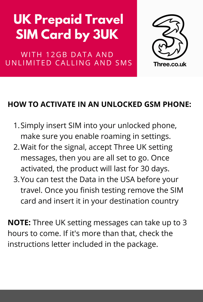 3UK Travel SIM Card 12GB Data & Unlimited Calling and SMS for 30 days – BigTravelStore