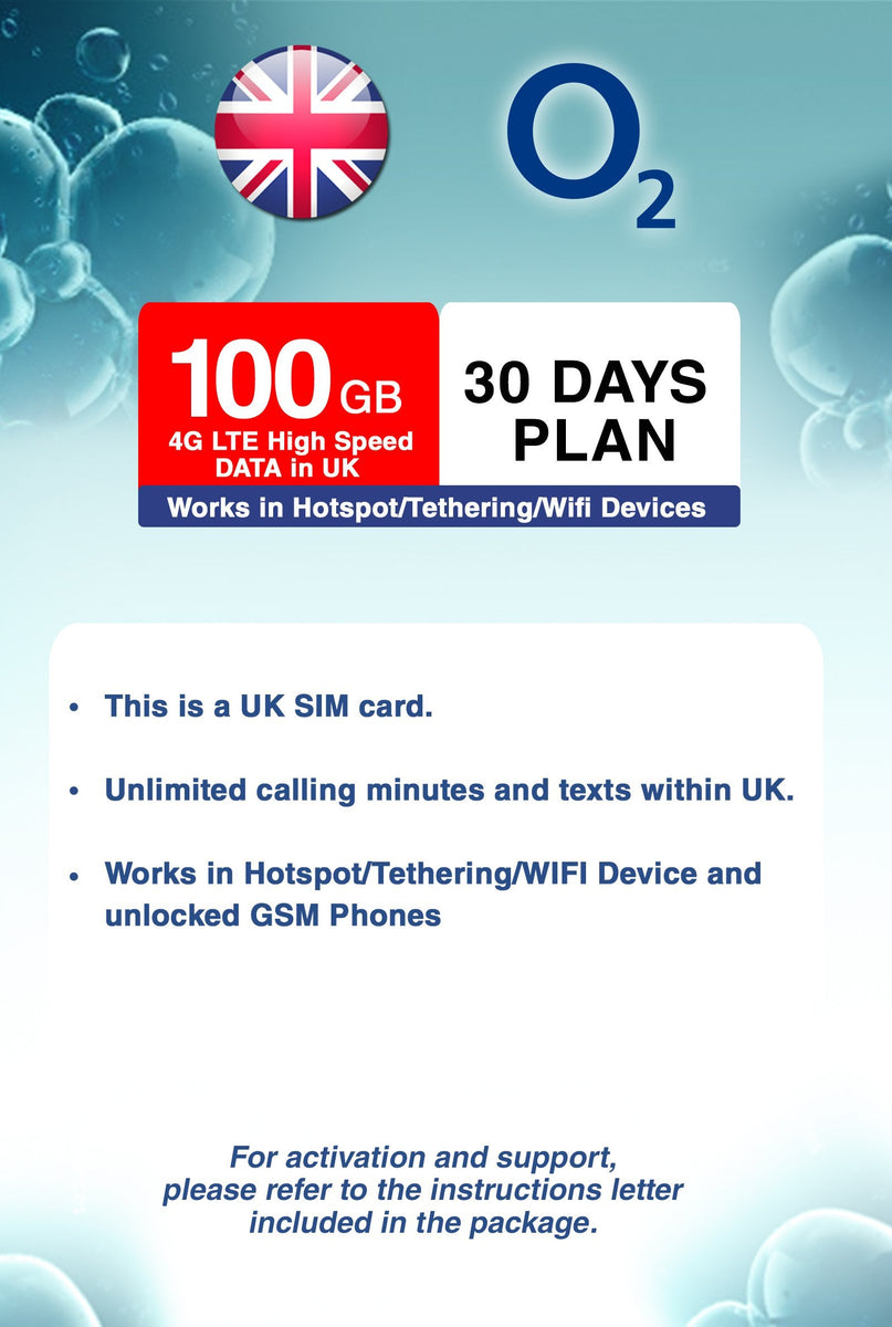 O2 Sim Card 100GB Data with Hotspot/Tethering/WIFI in UK for 30 Days ...