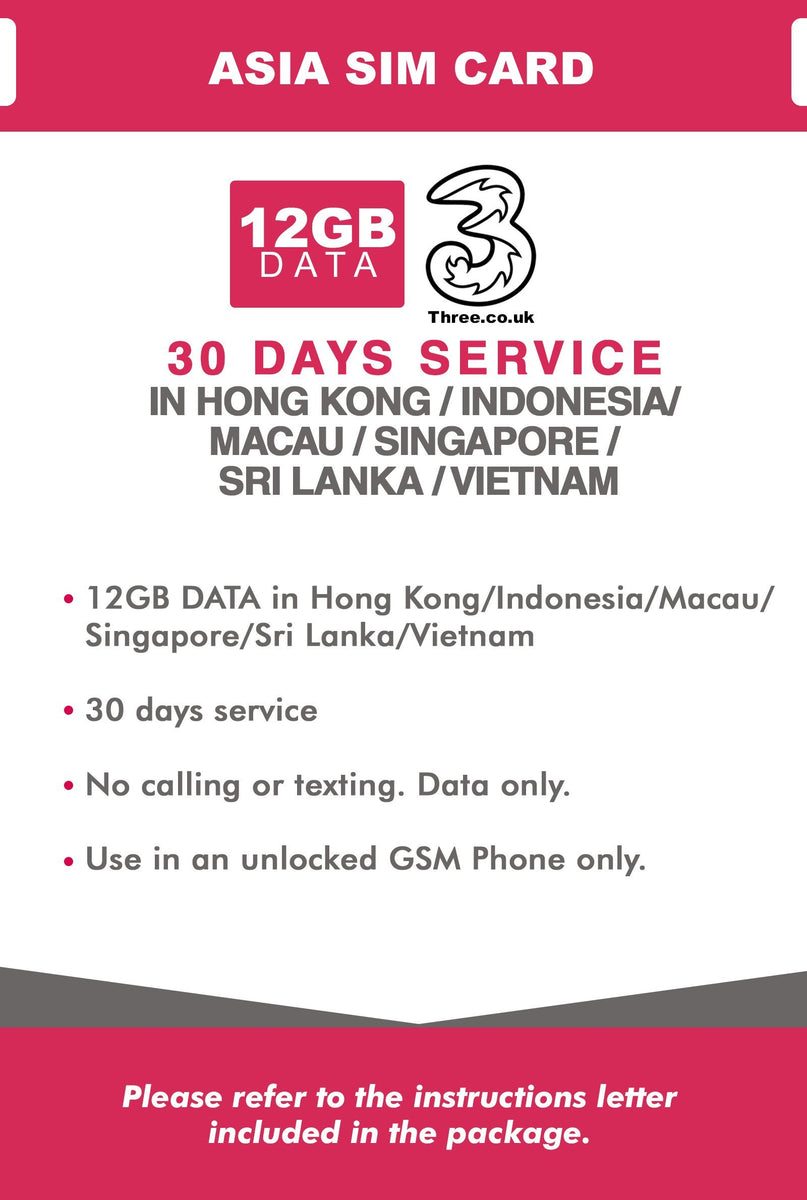 Asia Prepaid Travel SIM Card by 3UK with 12GB Data only for 30 Days ...