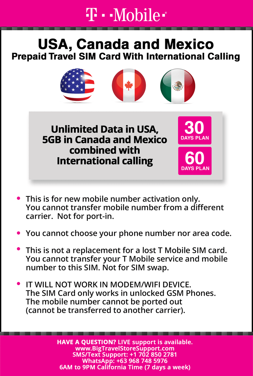 T-Mobile Travel SIM Card Unlimited Call, Text and Data for 60 Days ...